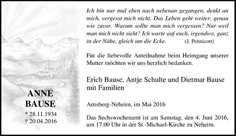 Traueranzeigen Von Anne Bause Trauer In Nrw De