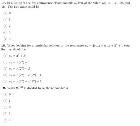 solved 17 in a listing of the five equivalence classes