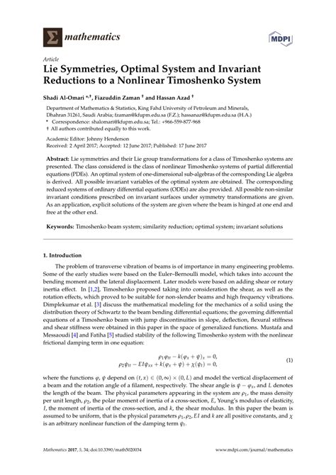 Pdf Lie Symmetries Optimal System And Invariant Reductions To A Nonlinear Timoshenko System