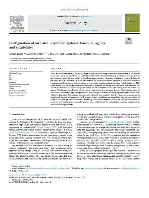 Configuration Of Inclusive Innovation Systems Function Agents And Capabilities Pdf