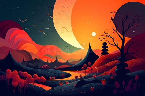sun and moon meet as day turns into night on a serene landscape