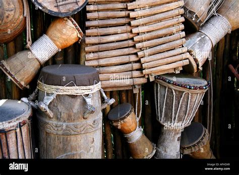 African Drums And Musical Instruments Made Of Wood And Leather In An