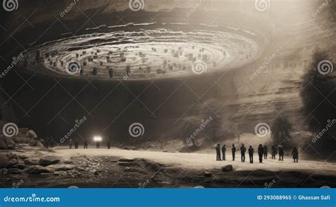 People Looking At An Ancient Alien Circular Craft Uncovered In A Rocky Enclave Stock