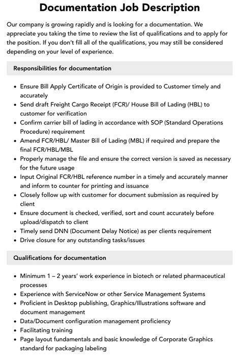 Documentation Job Description Velvet Jobs