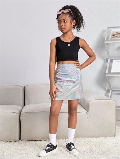 Shein Falda Corta Versátil Elegante Con Textura Metálica De Niña