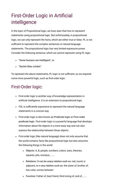 First Order Logic In Artificial Intelligence Javatpoint Pdf First