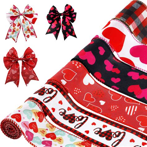 6 Rolls Valentines Day Wired Ribbon Assorted Heart