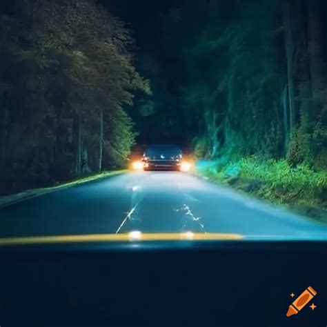 Car Headlights Illuminating A Dark Road On Craiyon