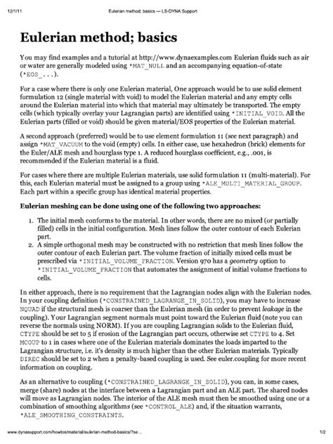 Eulerian Method Basics Ls Dyna Support Pdf