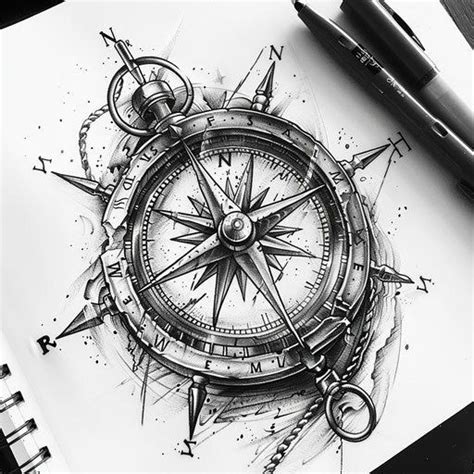 Elegant Maritime Compass Tattoo Drawing On White Background Nautical Tattoo Compass Tattoo