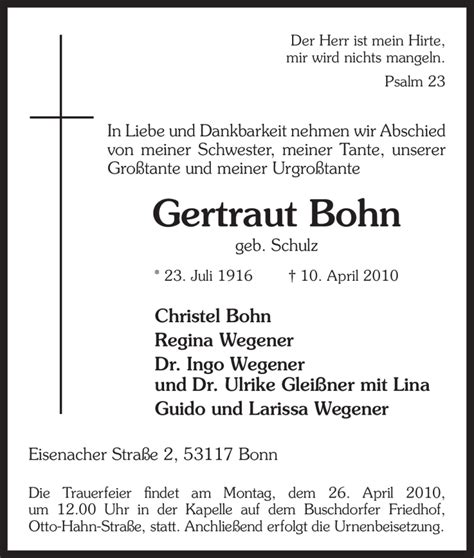 Traueranzeigen Von Gertraut Bohn Trauer In Nrwde