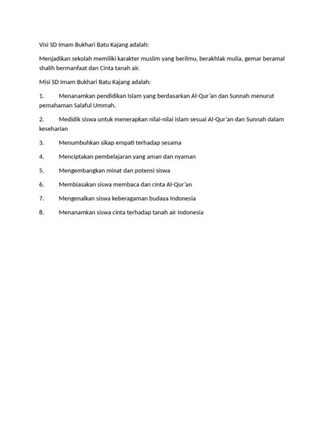 Visi Dan Misi Sd Imam Bukhari Batu Kajang Pdf