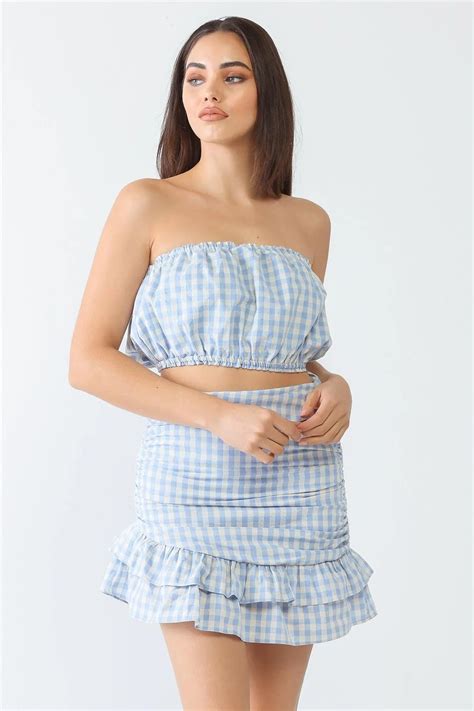 Wholesale Blue Plaid Strapless Crop Top And Flare Hem Mini Skirt Set