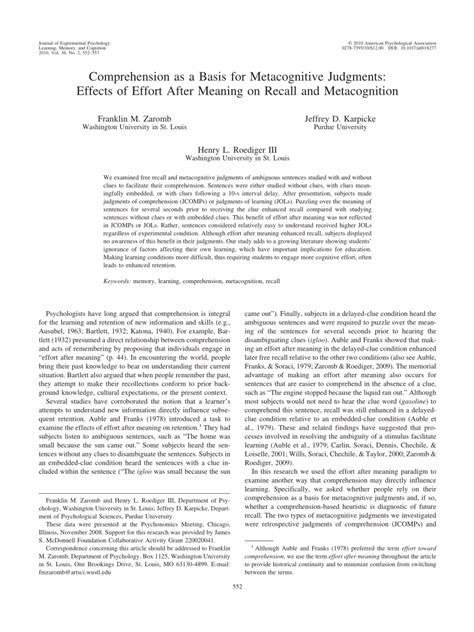 Pdf Comprehension As A Basis For Metacognitive Judgments Effects Of Effort After Meaning On