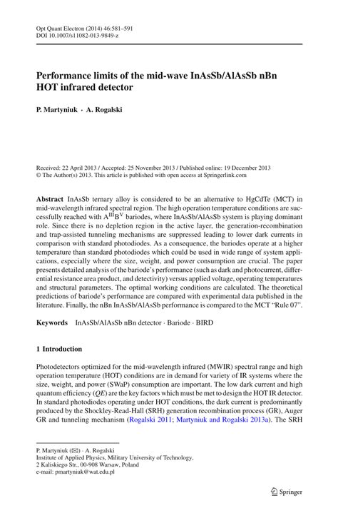 Pdf Performance Limits Of The Mid Wave Inassb Alassb Nbn Hot Infrared Detector