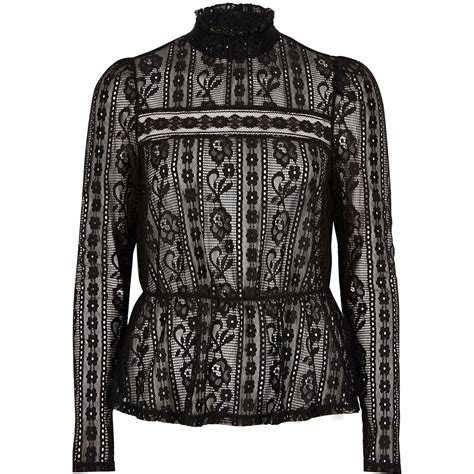 River Island Black Lace High Neck Victoriana Blouse In Black Lyst
