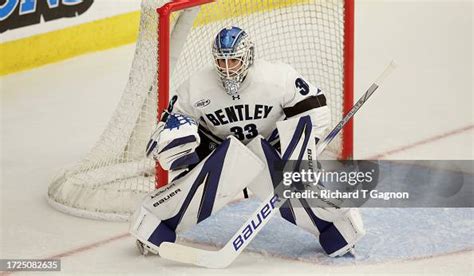 Connor Hasley Of The Bentley Falcons Tends Goal During The First