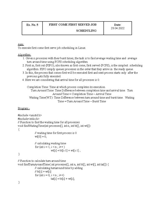 Oslab Manual 5and6 Lab Ex No 5 First Come First Served Job Scheduling Date 28 Aim To