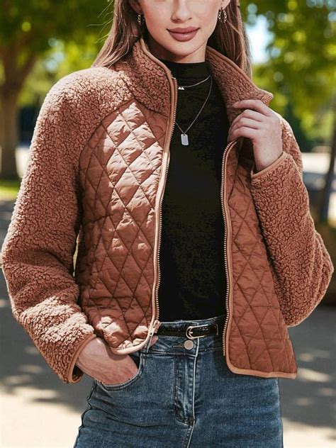 Quilted Fleece Sleeve Zip Jacket Womens Cozy Layering Outerwear Etsy