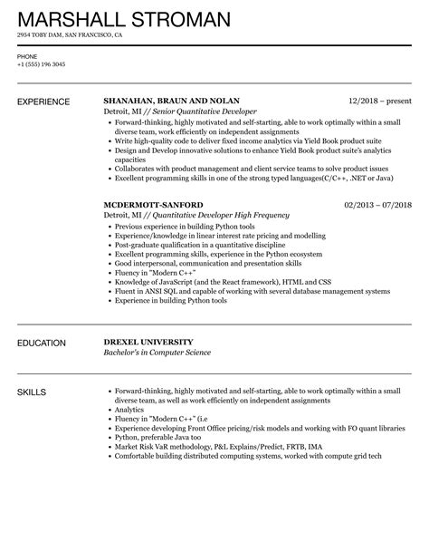 Quantitative Developer Resume Samples Velvet Jobs