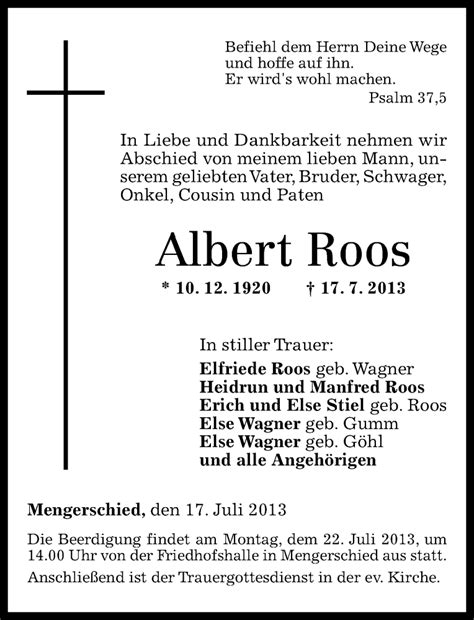 Traueranzeigen Von Albert Roos Rz Trauerde