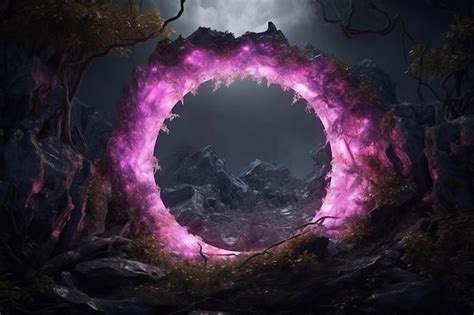 Premium Ai Image A Purple Fire Ring Surrounded By Rocks And Trees