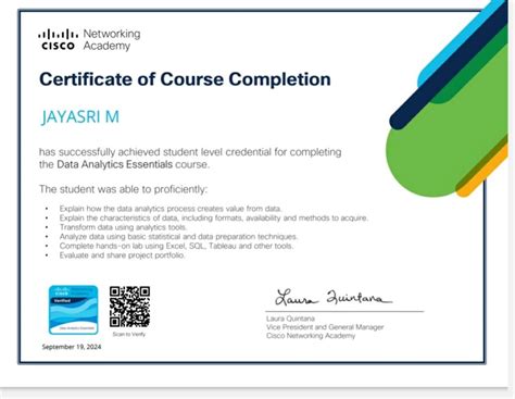 I Excited To Share That I Completed My Course Data Analytics Essentials In Cisco Jayasri M