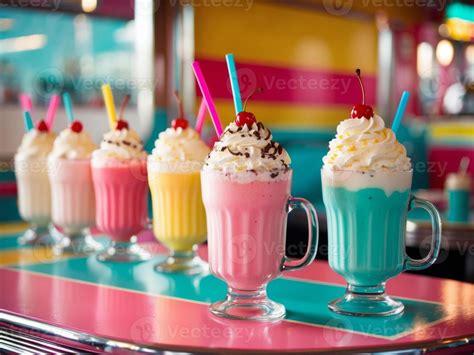 Vibrant Retro Fast Food Milkshakes Colorful Diner Setting Fun Drinks