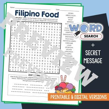 Filipino Food Word Search Puzzle Activity Vocabulary Worksheet Secret