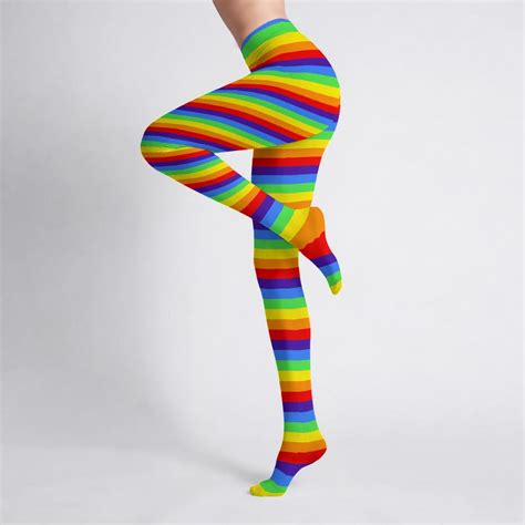 Fun Rainbow Stripe Footed Clown Tights Womens Clowncore Costume