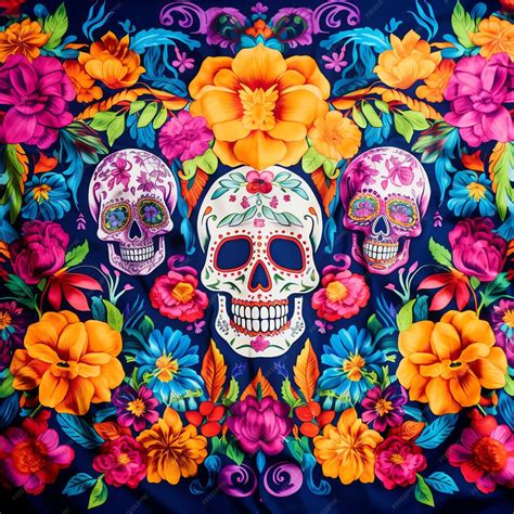 Premium Ai Image Colorful Fabric Tela Colorida Mexican Dia De Muertos