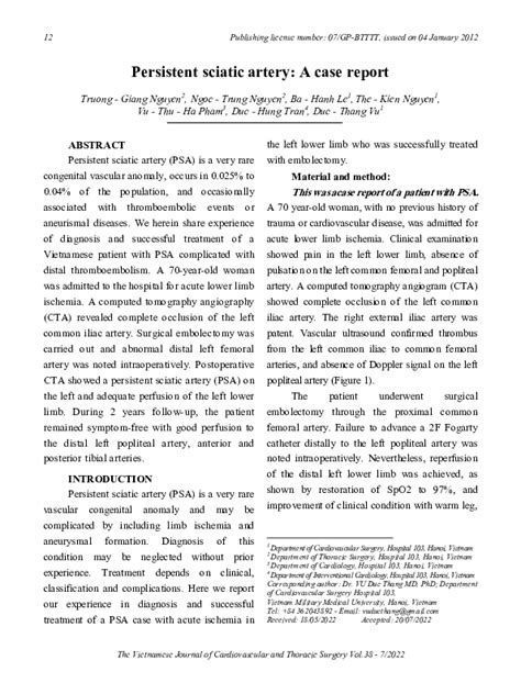 Pdf Persistent Sciatic Artery A Case Report
