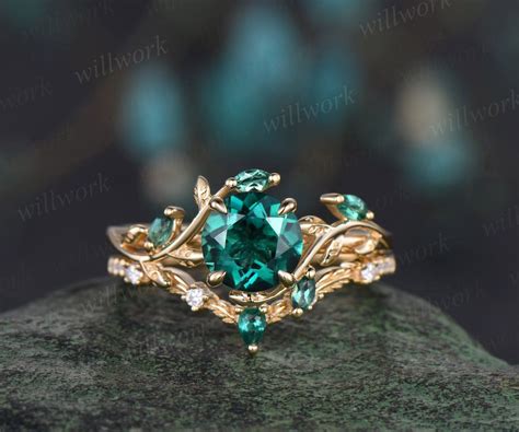 Vintage Round Cut Green Emerald Engagement Ring Yellow Gold Cluster