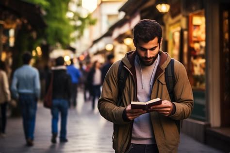 Premium Photo Man Reading Book While Walking In City