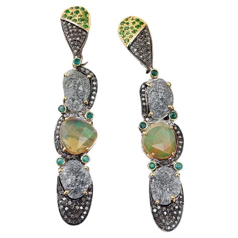 Victorian Style Diamond Ethiopian Opal And Sapphire Silver Dangle Earrings For Sale At 1stdibs