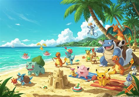 Various Pokemon Characters Play On A Sunny Beach Building A Sandcastle