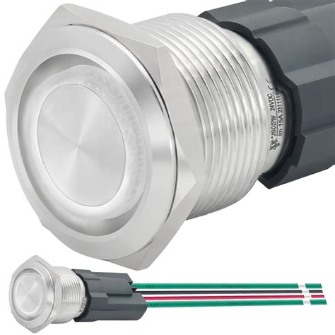 19mm Latching Push Button Switch 15amp 12v 24vdc Ac Spst Power Symbol Ring Led