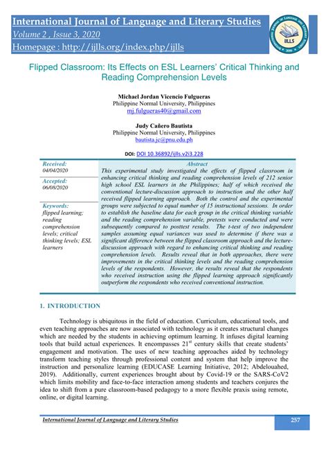 Pdf Flipped Classroom Its Effects On Esl Learners Critical Thinking And Reading