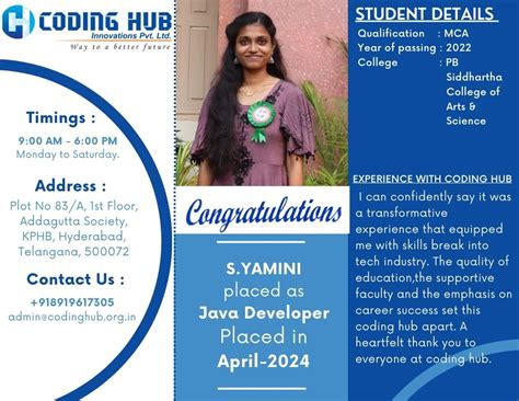 coding hub innovations pvt ltd on linkedin congratulations yamini all the best