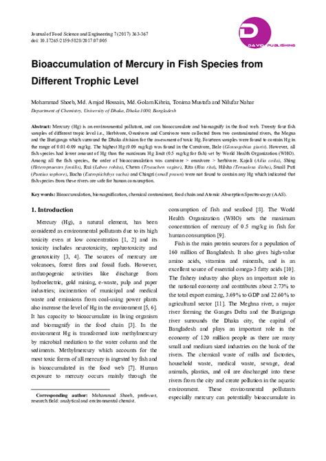Pdf Bioaccumulation Of Mercury In Fish Species From Different Trophic
