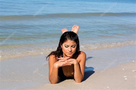 Woman Lying On Beach Stock Photo Mmedia