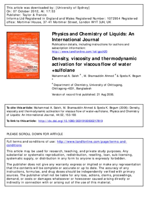 Pdf Density Viscosity And Thermodynamic Activation For Viscous Flow Of Water Sulfolane