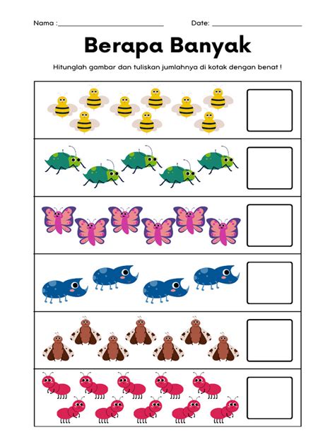 White Colorful How Many Bugs Worksheet Pdf