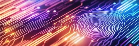 Colorful Fingerprint Pattern On A Futuristic Circuit Board Represents Identity And Security In