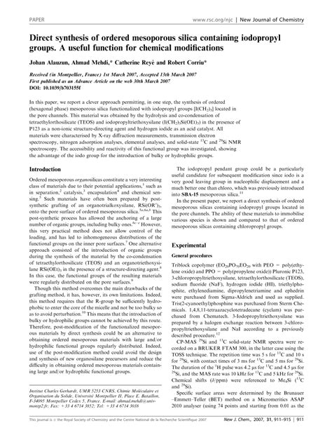 Pdf Direct Synthesis Of Ordered Mesoporous Silica Containing Iodopropyl Groups A Useful