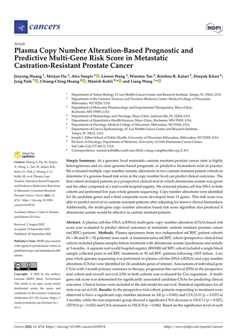 Pdf Plasma Copy Number Alteration Based Prognostic And Predictive