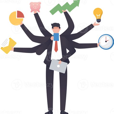 Businessman with many hands in a suit. Works simultaneously with several objects. multitasking ...