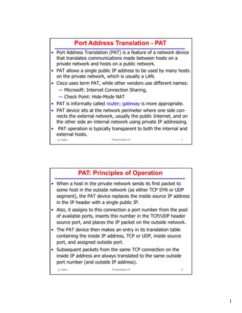 Port Address Translation PAT PAT Principles Of Operation