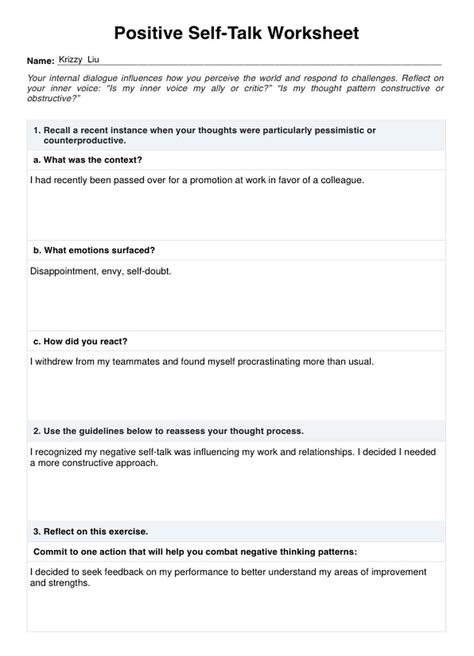 Positive Self Talk Worksheets And Example Free Pdf Download