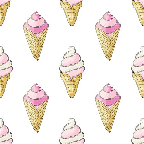 Cute Ice Cream In Waffle Cones Seamless Pattern Background Pink Berry